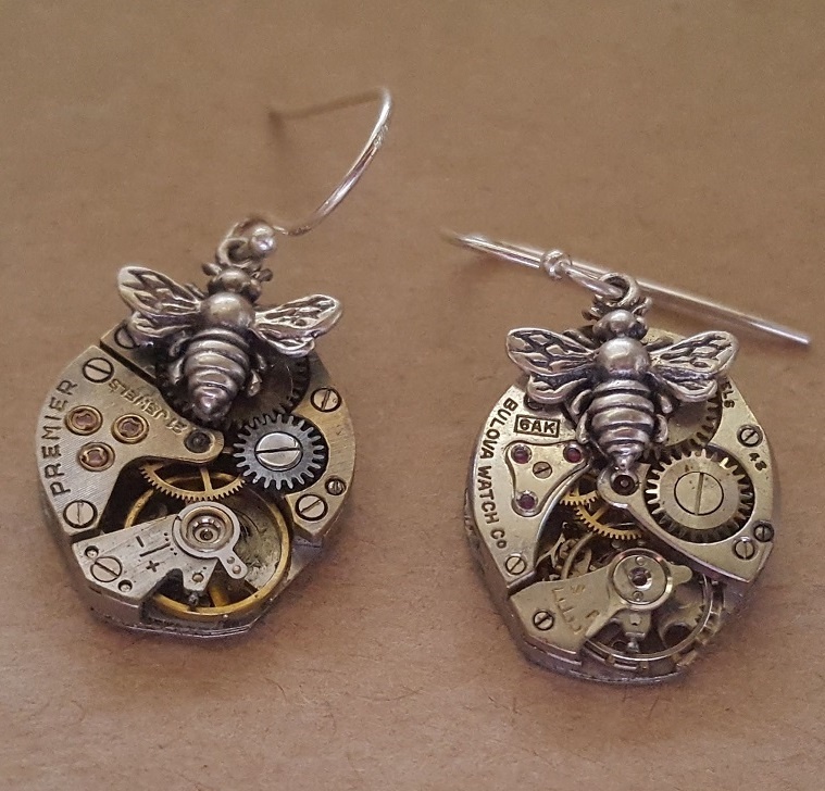 vintage timepiece earrings, steampunk inspired on sterling silver hooks