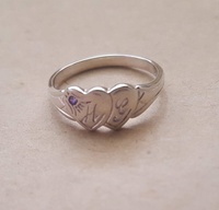 Double heart signet ring ready made in solid gold and silver